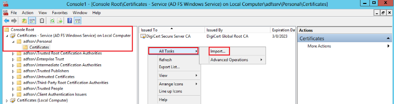 Microsoft AD FS (IIS 8) | Create a CSR and Install SSL Certificate